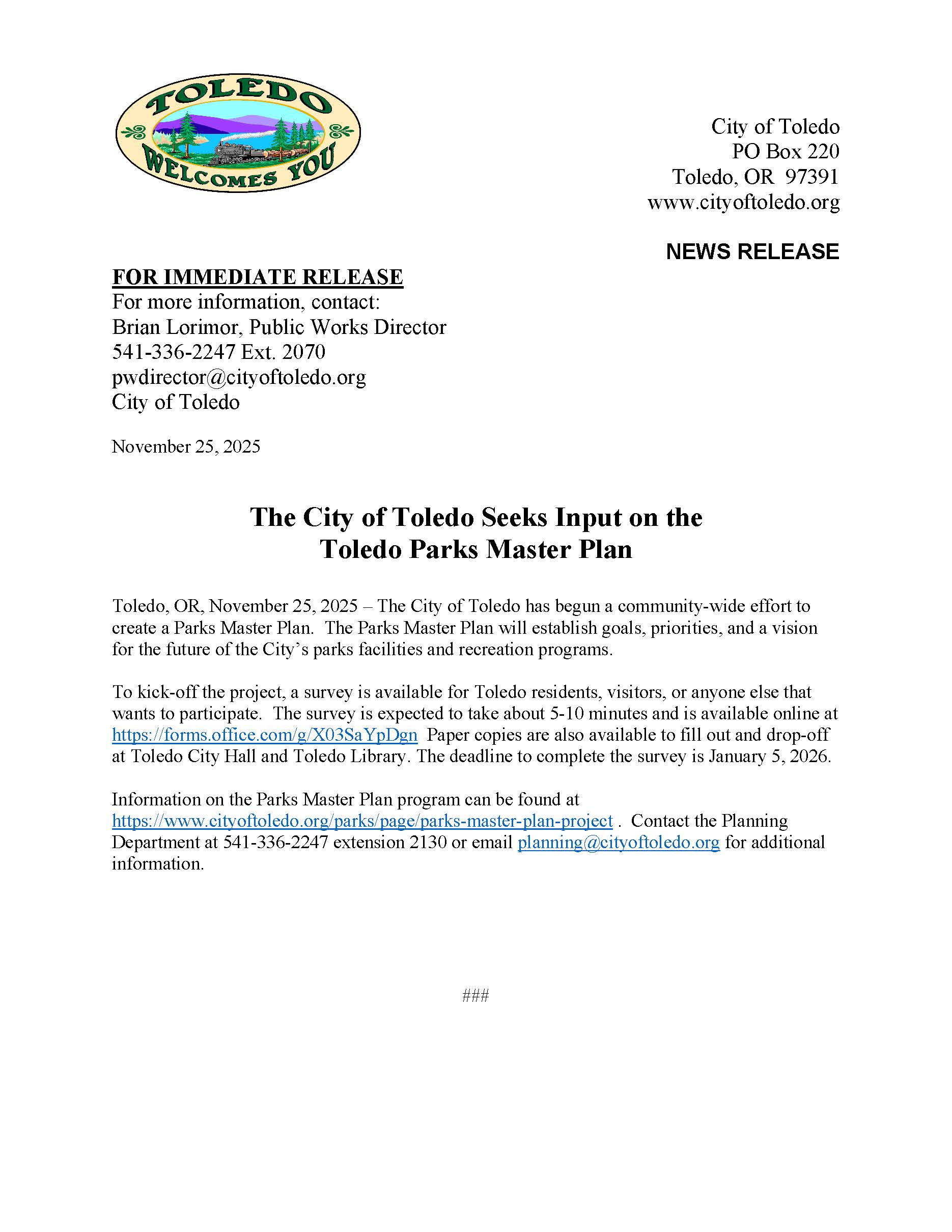 Toledo Parks Master Plan Survey | Toledo OR
